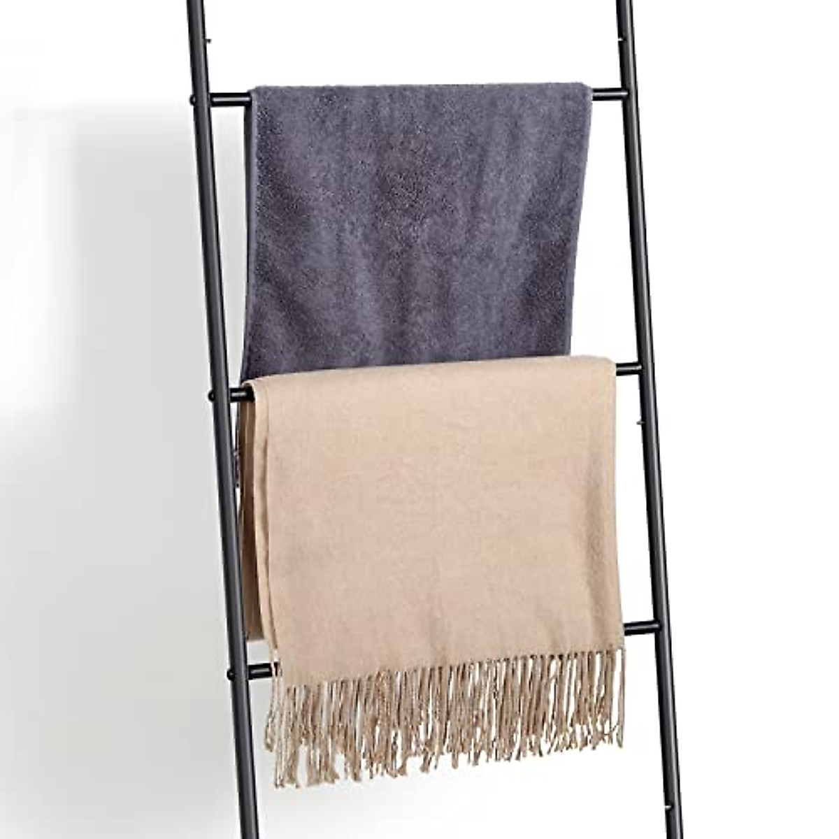 smusei Towel Blanket Ladder Wall Leaning Industrial 5 Tier Ladder Shelf for Towel with Wood Shelf Modern Metal Standing Bath Towel Storage Shelf for Bathroom, Living Room, Black