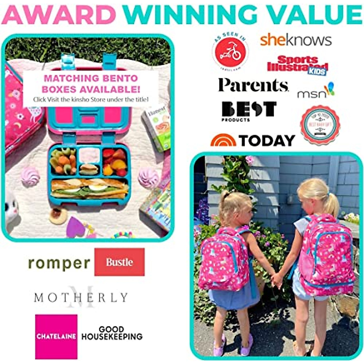 Unicorn Backpack with Lunch Box for Girls, Cute 15” Girl Backpacks and Integrated Lunch Bag with Water Bottle Pocket Holder, Insulated Padded Travel Bags Boxes for Elementary School Kids, Pink Teal