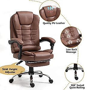 Joyo Funiture Vibration Massage Office Chair, Reclining Office Chair w/Footrest, High-Back Office Chair, PU Leather Computer Desk Chair w/Height & Armrest Adjustable, 250 lb Capacity, Brown