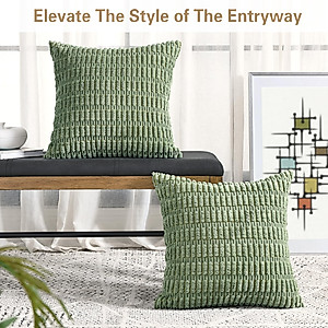 Volcanics Pack of 2 Sage Green Decorative Throw Pillow Covers 18x18 Inch, Soft Corduroy Striped Square Cushion Cases, Modern Farmhouse Boho Home Decor for Spring Couch Bed Sofa Living Room