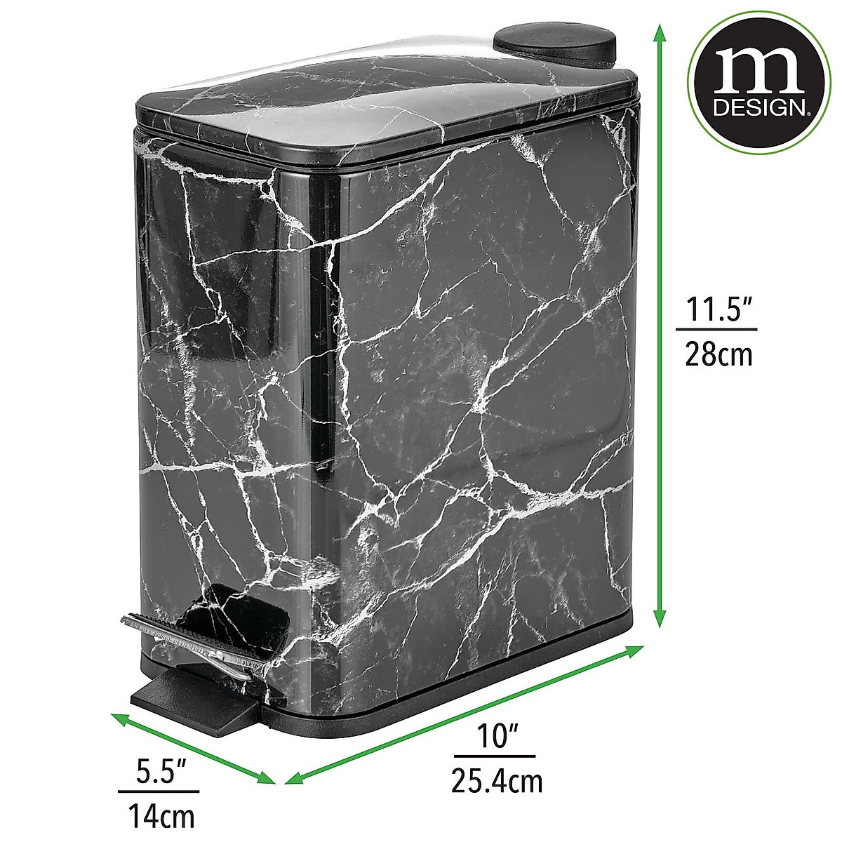 mDesign Slim Metal Rectangle 1.3 Gallon/5 Liter Trash Can with Step Pedal, Easy-Close Lid, Removable Liner - Narrow Wastebasket Garbage Container Bin for Bathroom, Bedroom, Kitchen - Black Marble
