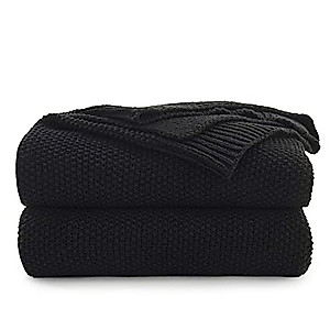 Black Cotton Cable Knit Throw Blanket for Couch Sofa Chair Bed Home Decorative, 3.4 Pounds 60 x 80 Inch Lightweight Woven Throw Blankets with Bonus Laundering Bag