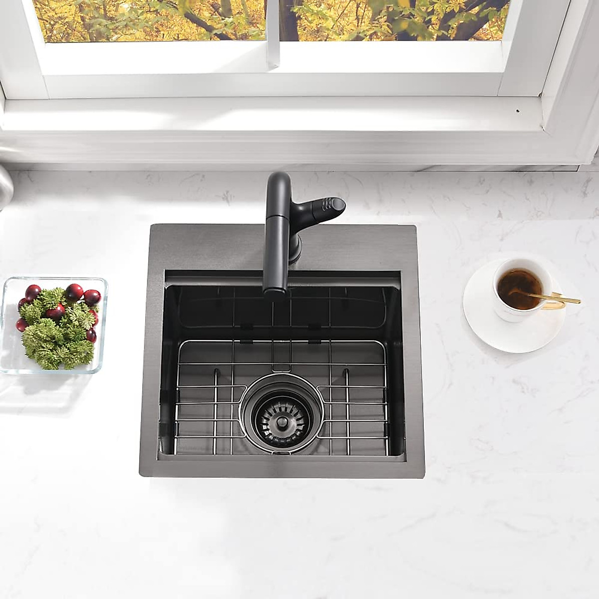 15 Inch Black Drop In Bar Sink Workstation-Bokaiya 15x15 Black Stainless Steel Topmount Bar Sink Outdoor Rv Sink 16 Gauge Single Bowl Wet Bar Sink with Cutting Board