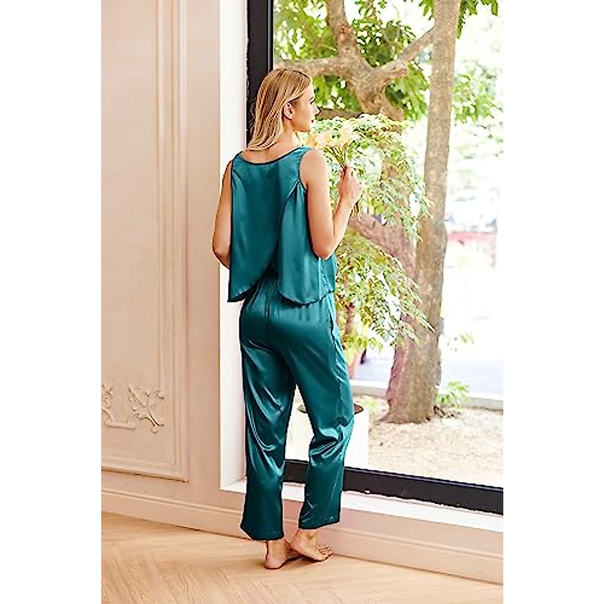 Ekouaer Womens Satin Pajamas Set Back Split Top and Long Pant Silk Pj Set Tank Sleepwear S-XXL Green