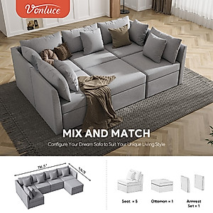 VOLUNCE Modular Sectional Sofa, Sectional Sleeper Sofa Bed with Storage Ottoman Throw Pillow, 5 Seat Sofa Set with Reversible Chaise, Convertible L Shaped Couch Sofa for Living Room, Light Gray