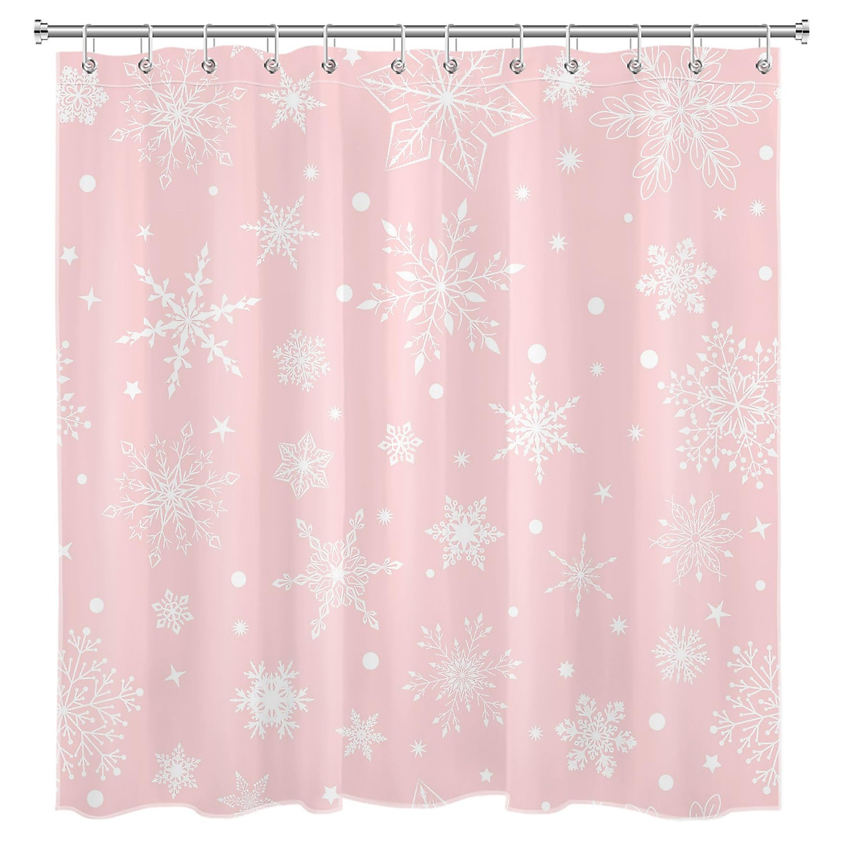LB Pink Christmas Shower Curtain for Bathroom, Winter Snowflake on Pink and White Fabric Shower Curtain with Hooks, New Year Holiday Bathroom Curtain Shower Set, 72" W x 78" L