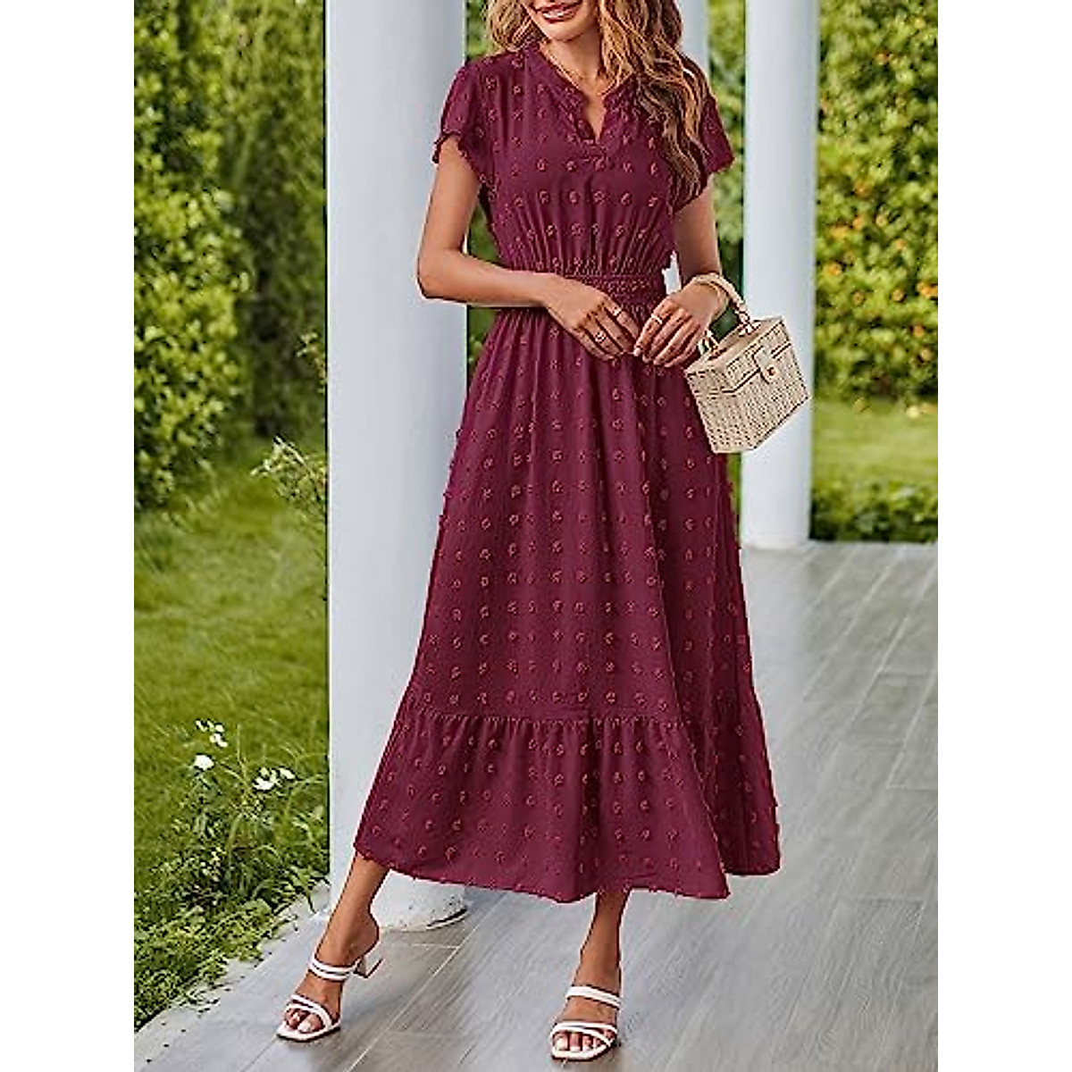 MEROKEETY Summer Short Sleeve Vneck Wedding Dress Swiss Dot Flowy A Line Tiered Maxi Dresses Burgundy Medium