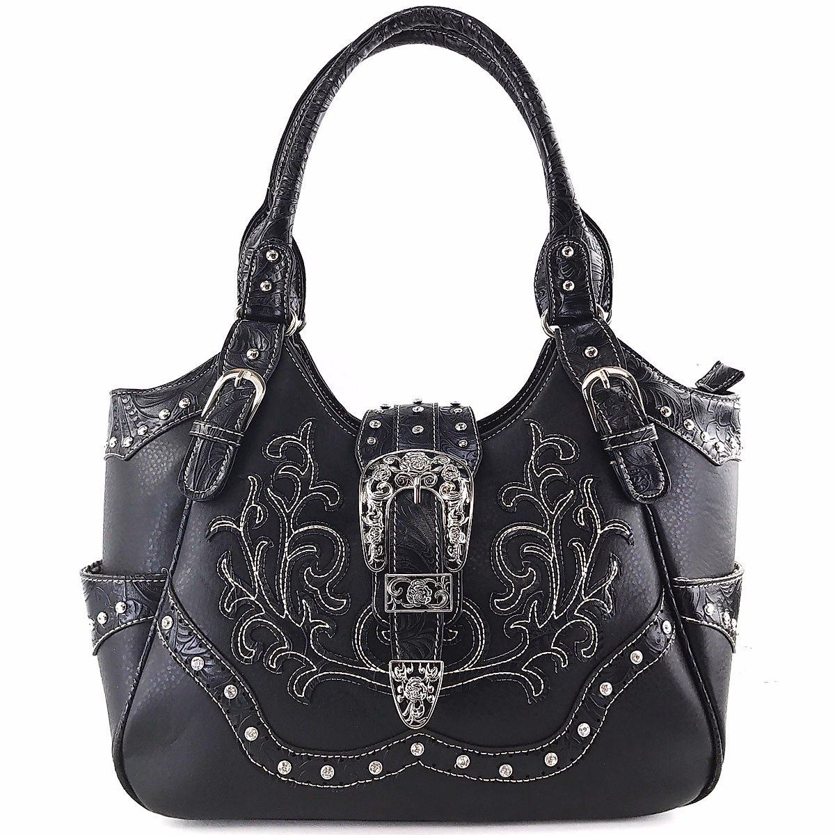 Justin West Western Floral Embroidery Studs Bling Rhinestone Buckle Shoulder Concealed Carry Handbag Purse (Black Large Tote)