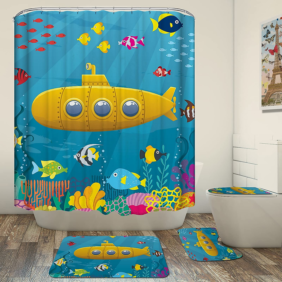 Blue Submarine Shower Curtain Sets with Rugs, Toilet Lid Cover and Bath Mat, Tropical Ocean Nautical Underwater World Bathroom Curtain Waterproof Polyester Fabric wtih Hooks 4PCS