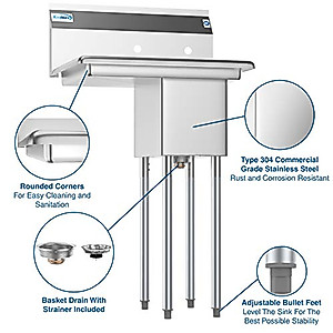 KoolMore 1 Compartment Stainless Steel Commercial Kitchen Prep & Utility Sink with Drainboard - Bowl Size 10" x 14" x 10", Silver, SA101410-12L3