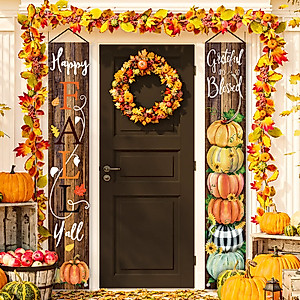 Whaline Happy Fall Y'all Porch Sign Grateful Autumn Pumpkin Hanging Banner Rustic Vintage Thanksgiving Door Sign for Indoor Outdoor Home Farmhouse Yard Harvest Party Decoration, 12 x 72 Inch