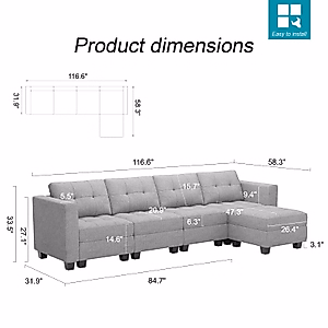 Belffin Light Grey L Shape 5-Seat Modular Sectional Sofa with Storage, Reversible Chaise, Adjustable Backrest, Cotton & Polyester