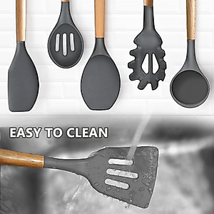 IOCBYHZ Kitchen Cooking Utensils Set, 6Pcs Silicone Cooking Kitchen Utensils Set Spatula Soup Ladle Turner Set, Heat Resistant Wooden Handle Silicone Kitchen Gadgets Utensil Set for Nonstick Cookware