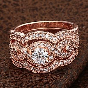Bcughia CZ Wedding Ring, Ring for Women Engagement 3Pcs Rose Gold Copper White Round Gemstone 3 Ring Set Twisted Crown Wedding Ring Gift Size 8