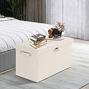 Tamfile 30 inches Folding Storage Ottoman with Lock,Fireproof Bedroom Bench with Storage,Beige Footrest with Foam Padded Seat,Ottoman Foot Rest for Bed Room,Storage Chest, Foot Rest Stool