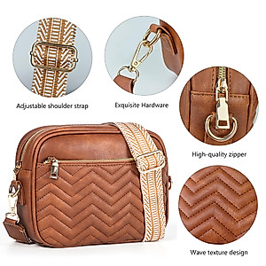 VODIU Quilted Crossbody Bags for Women Purses Handbags Small Vegan Leather Shoulder Bag with Wide Strap Trendy Cross Body Purse Brown