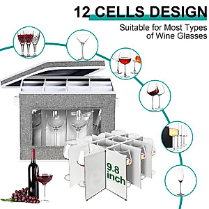 homyfort 2 Pack Stemware Storage Cases, Wine Glass Storage Box with Dividers, China Crystal Glass Storage Containers Organizer for 24 Glassware Moving and Protection (Grey)