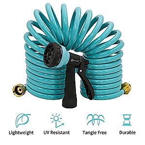 AUTOMAN EVA Recoil Garden Hose 25ft - Includes 7 Pattern Spray Nozzle,Curly Water Hose 25 Foot,Watering Hose Coil,Retractable,Corrosion Resistant Garden Coil Hose.