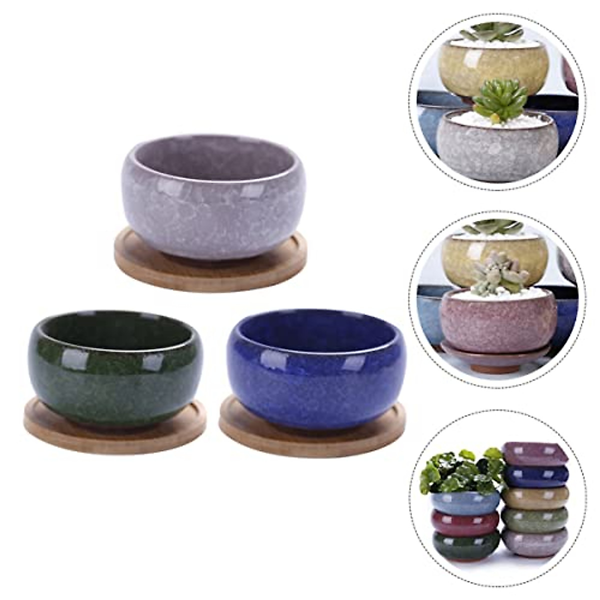 Yardwe 3 Sets Balcony Table and Pot Desk Container Cup Garden Hole Flower Style Containers Green Modern Round Gardening Bonsai Trays Greenhouse Tray Nursery Vintage Ceramic