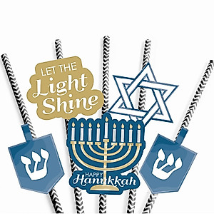 Big Dot of Happiness Happy Hanukkah Paper Straw Decor - Chanukah Party Striped Decorative Straws - Set of 24