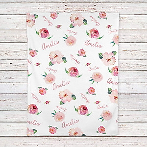 Personalized Fleece Baby Girl Blanket, Coral Pink Floral