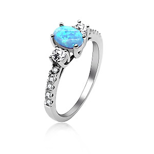 Uloveido 3 Stone Accent Wedding Ring Oval Cut Lab Blue Fire Opal Round CZ 925 Sterling Silver Engagement Jewelry for BFF 2.16g Size 6 JZ104