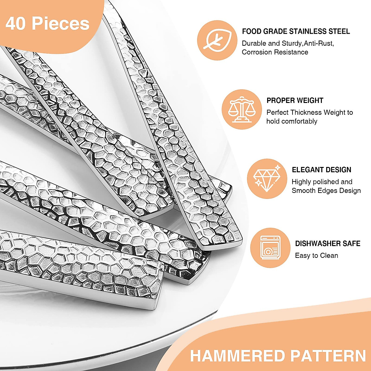 Hammered Silverware Set, 60 Pieces Stainless Steel Square Flatware Set for 12, Mirror Polished Tableware Cutlery Set for Home Kitchen Restaurant, Kitchen Utensils Set, Modern Design, Dishwasher Safe