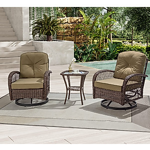 IMUsee Patio Furniture Set, 3 Pieces Swivel Rocking Chairs Outdoor Wicker Patio Bistro Set with Thick 4" Cushions, Brown & Khaki
