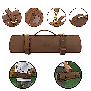 TOURBON Leather Knife Roll Bag, Kitchen Tool Holder with 5 Slot and Zipper pocket, Camping Cooking Tools Stroage Carry Case with Shoulder Strap