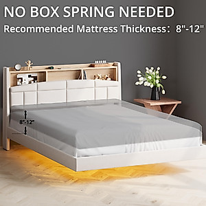 ANCTOR Floating King Bed Frame with Charging Station, Tall Bookcase Headboard, Solid Wood Slats Support, No Box Spring Needed, Easy to Assemble