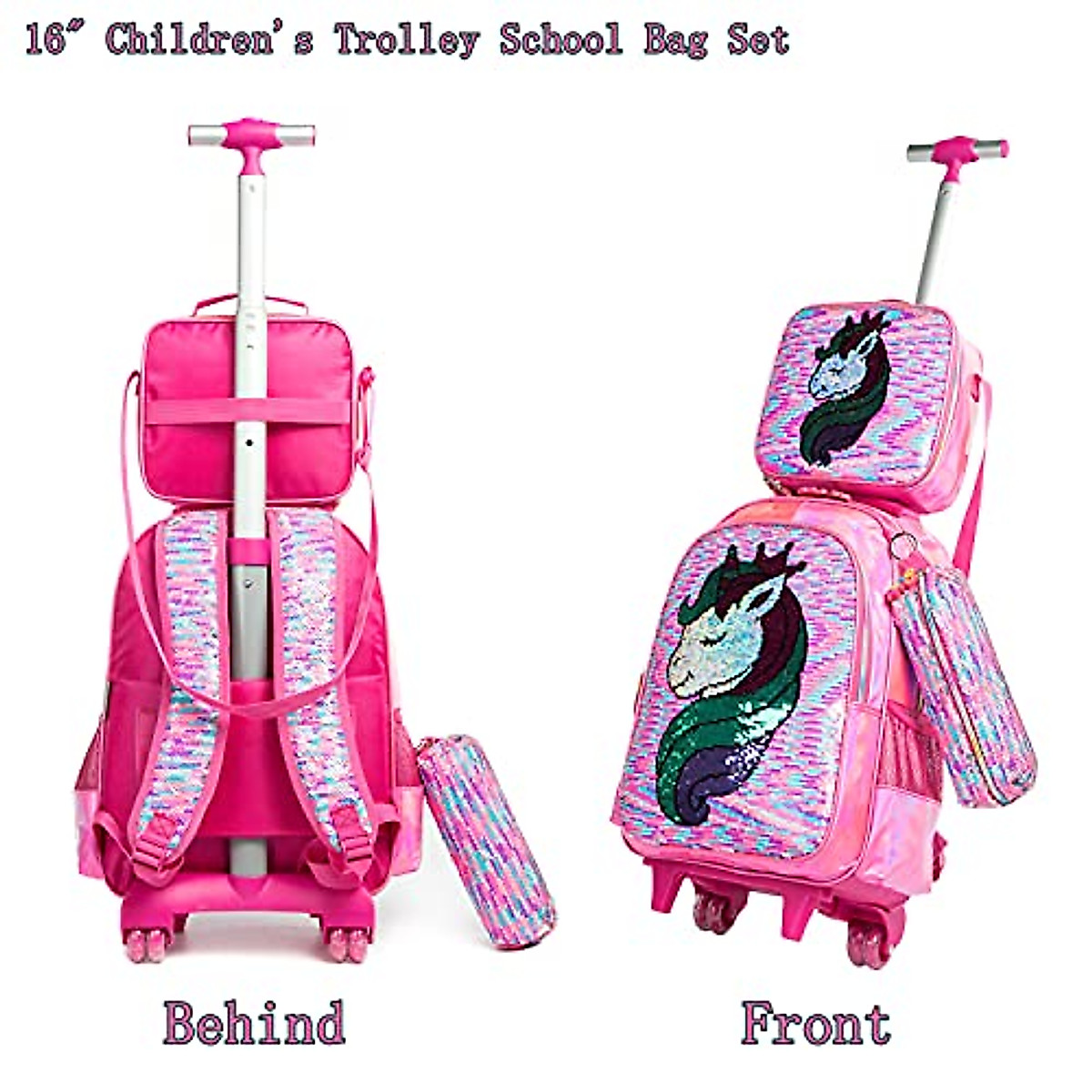 Egchescebo School Kids Rolling Backpack for Girls and Boys With Wheels Trolley Wheeled Backpacks for Girls Travel Bags 3PCS Girls and Boys Backpack With Lunch Box Rose Red