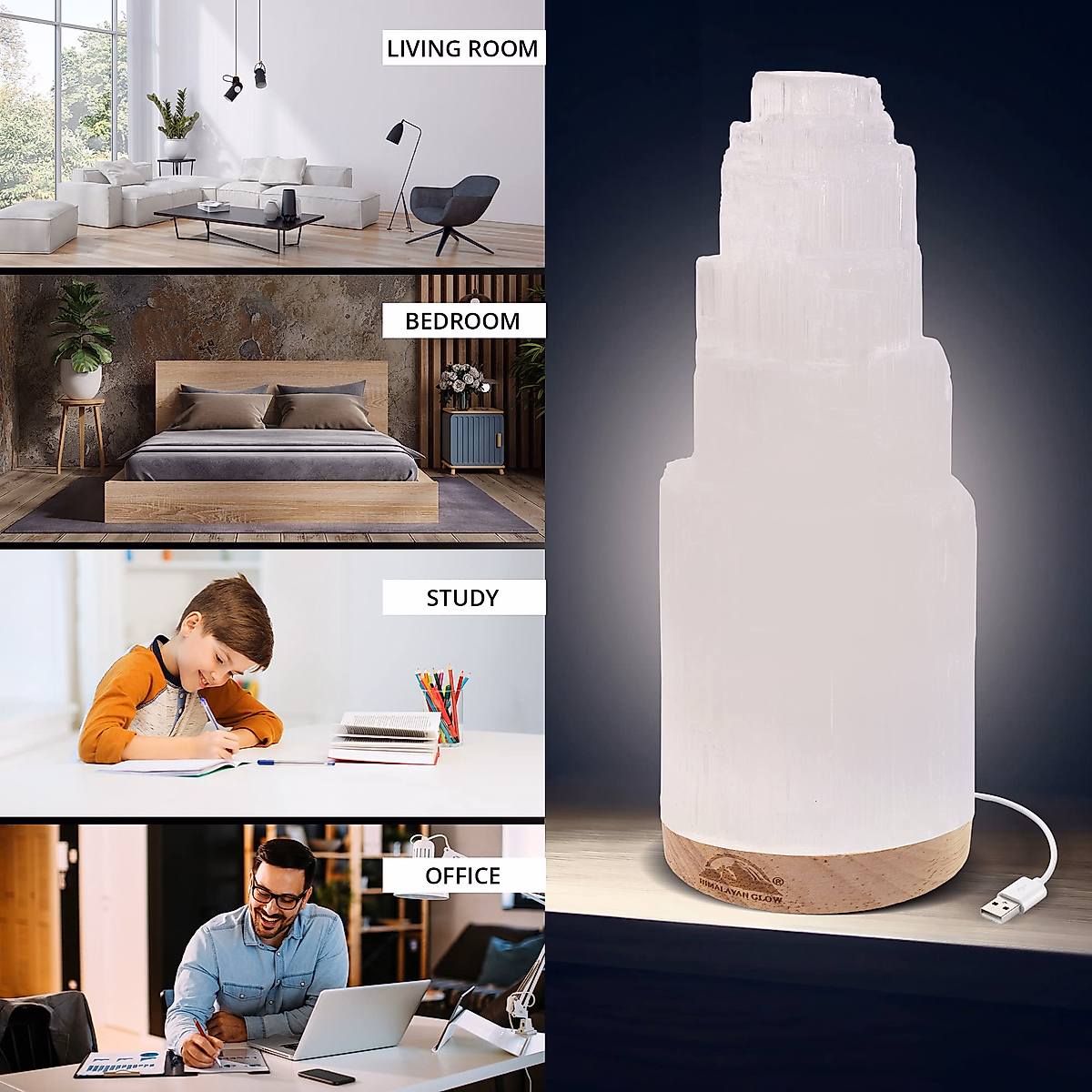 Elvissmart Natural Selenite Lamp, Hand Curved Crystal Lamp with (ETL Certified) USB Charging Cable with Wooden Base | 2-4 LBS