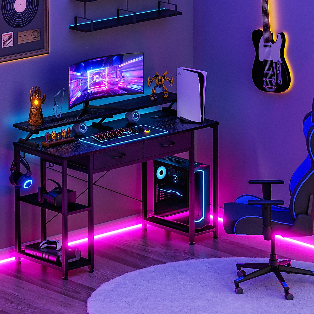 GIKPAL Computer Desk with Drawers, 47 inch Gaming Desk with Storage and Shelves, Home Office Desks with Power Strip, Black Wooden Desk