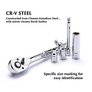 EMENTOL 62PCS 1/4" Drive Master Socket Set with Ratchets, CR-V, SAE/Metric Socket Set, Ratchet Handle, Coupler, Spinner Handle, Impact Extension Bars, Bits Set, Universal Joint