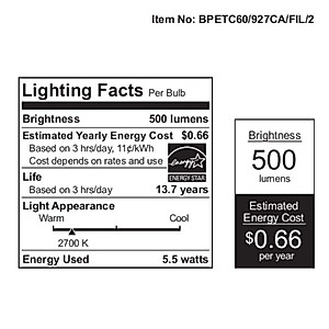 Feit Electric BPETC60/927CA/FIL BPETC60927CAFIL/2/RP Performance led, 3.5"H x 1.7"D, Product Specific, 2 Piece