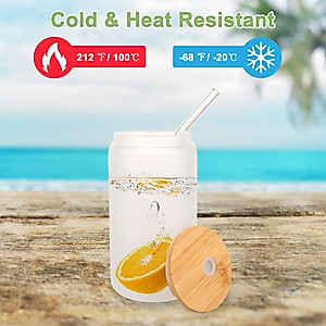 CYEAH 16 Oz Frosted Glass Cups With Bamboo Lids and Straws, 4 Pcs Sublimation Tumblers, 2 Brushes, Reusable Mason Drinking Glasses for Iced Coffee, Juice, Boba, Milk