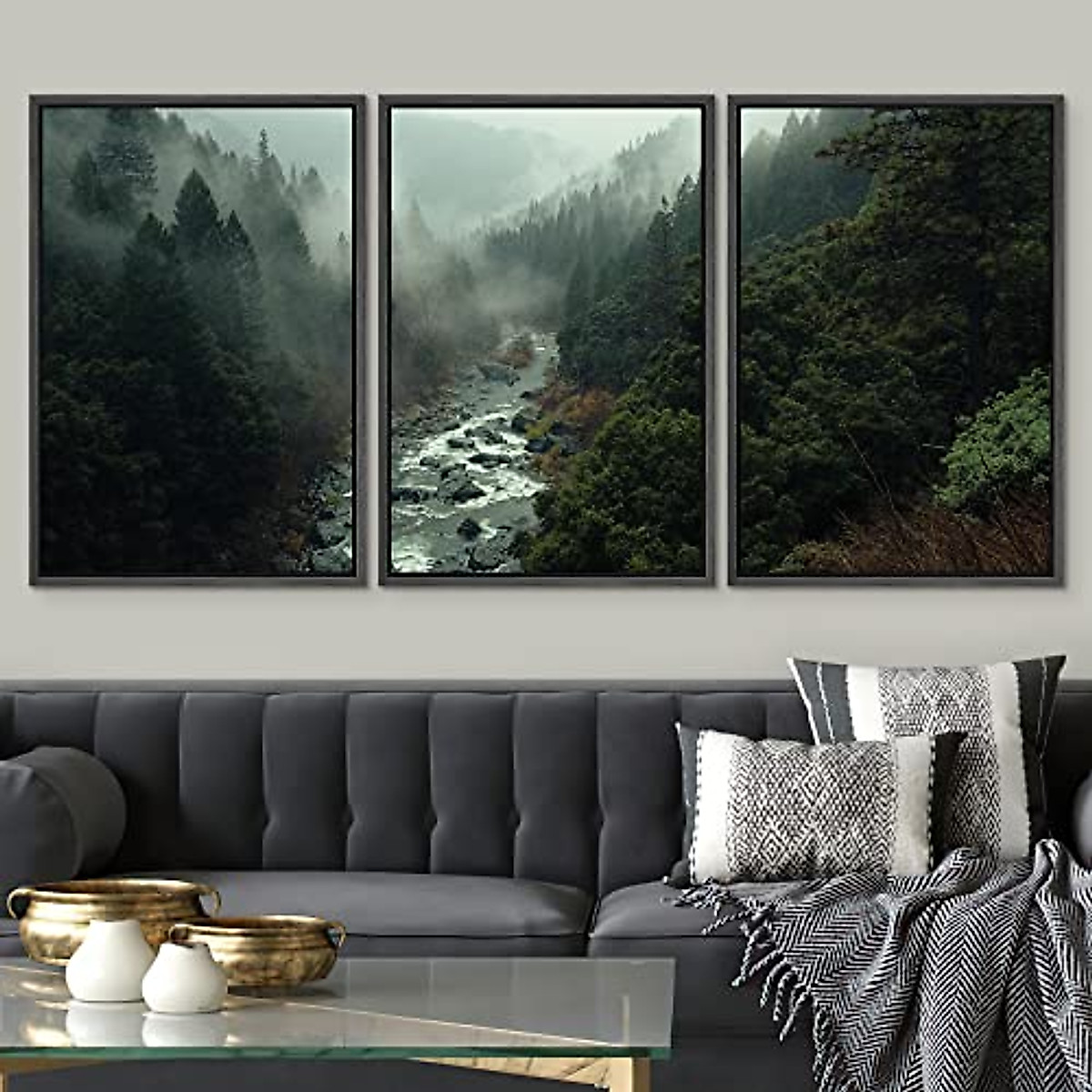 SIGNWIN 3 Piece Framed Canvas Wall Art Woodland Nursery Decor Forest Rivers Canvas Prints Home Artwork Decoration for Living Room,Bedroom - 24"x36"x3 Black
