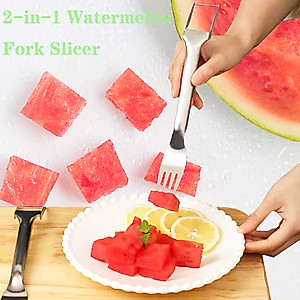 ZLMC 2-in-1 Watermelon Fork Slicer,Portable Stainless steel Watermelon Slicer with Melon Baller Scoop Extra,Dual Head Stainless Steel Fruit Forks Slicer Knife for Family Parties Camping(3PCS)