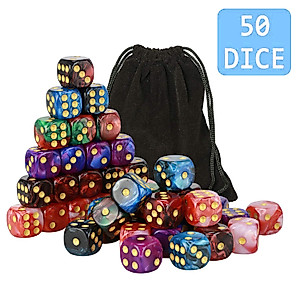YOUSHARES 50 Pack D6 Game Dice Set with Pouch - 16mm Two Color 6 Sided Dice, Perfect Table Games Dice for Tenzi, Yahtzee, DND MTG RPG War Games