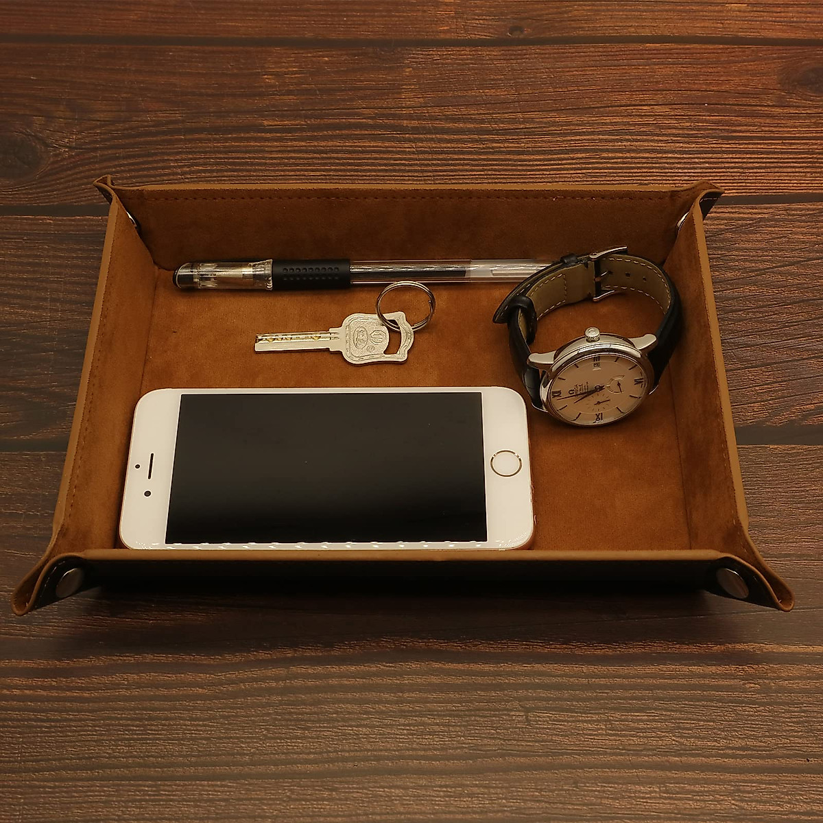 Socospace Valet Tray-leather and velvet,EDC Tray,Catchall Tray for Jewelry,Wallets,Watches,Key,Phones,Glasses, Perfect for Nightstand,Entryway Table,Desk,Key Tray,Home Decor（Brown）
