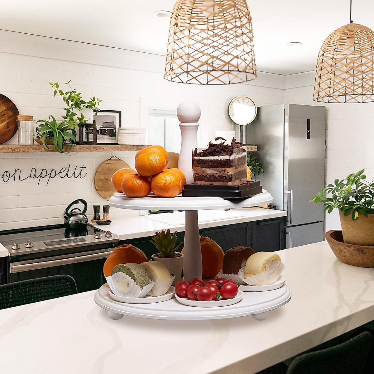 Defined Deco Wooden Decorative Tray Two Tiered Tray, White Tiered Tray, Cupcake Stand, Serving Tray Stand with 3 Pcs Signs Decor for Kitchen Island Decor, Home Decor and Holloween Farmhouse Décor