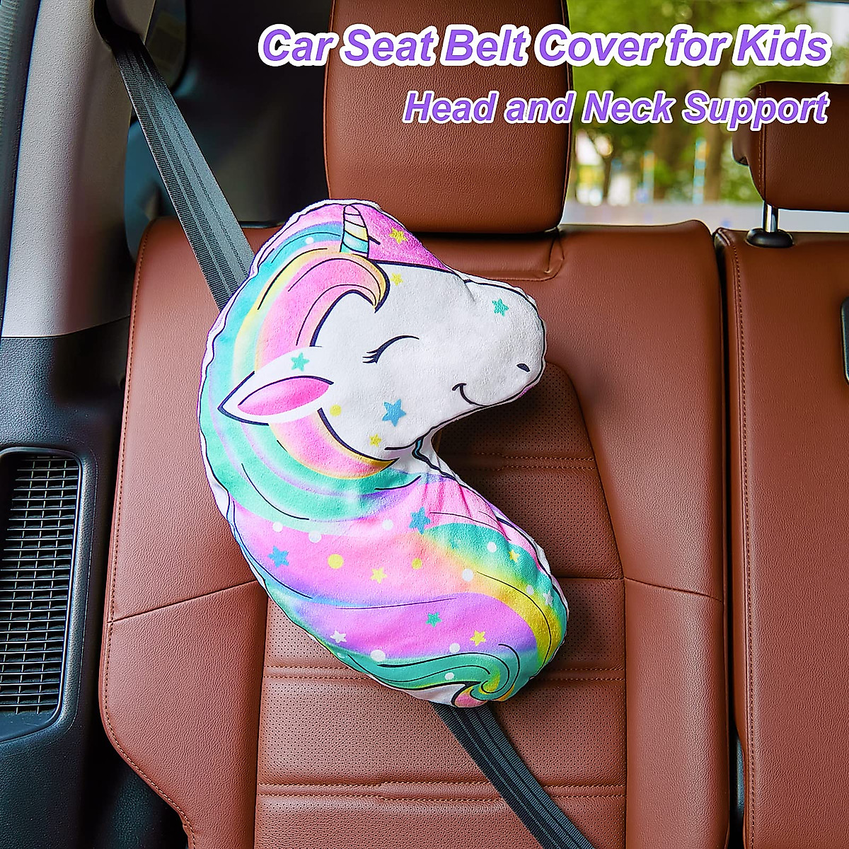 FIODAY Seat Belt Cover Pad for Kids Unicorn Seatbelt Pillow Soft Seat Belt Cover Car Pillow Toddler Travel Seat Strap Pad Neck Support for Girls Boys, Rainbow