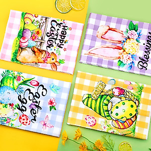 RUMIA 4 Pcs Easter Kitchen Towels Buffalo Plaid Happy Easter Kitchen Dish Towels Dishcloth 18 x 26 inch Easter Gnomes Bunny Eggs Hand Towels for Spring Easter Housewarming Gifts Kitchen Decor