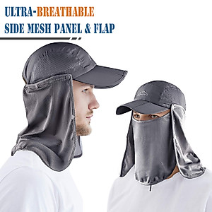 ELLEWIN Outdoor Fishing Flap Hat UPF50 Sun Cap Removable Mesh Face Neck Cover, D-grey/ Mesh Neck Cover, M-L-XL