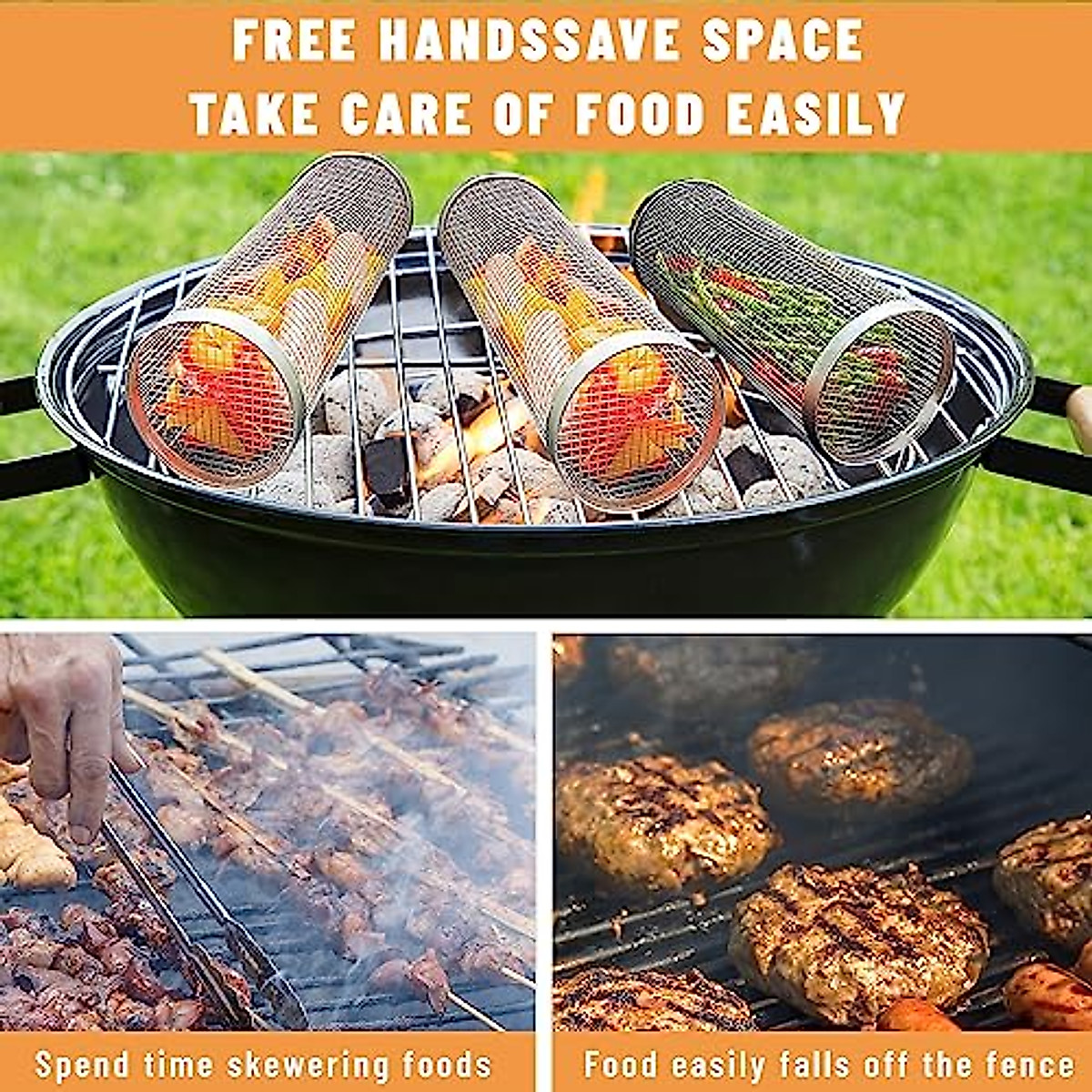 Rolling Grilling Baskets for Outdoor Grilling - Perfect BBQ Net for Veggies,Fries,Fish,Meats - 2PCS Cylindrical Stainless Steel Grilling Mesh for Outdoor BBQ Cooking/Camping/Picnic(8.2 Inch-High)