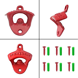 HAIICEN Red Cast Iron Beer Bottle Opener Wall Mounted Bottle Cap Opener Open Here (Pack of 3)