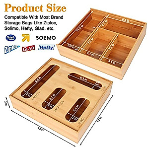 Bamboo Ziplock Bag Organizer For Drawer And Wall, Baggie Organizer Dispenser, Food Storage Bag Organizer Fits For Ziploc Solimo Glad Hefty For Gallon Quart Sandwich And More Zip Lock Bags - 4 Slots