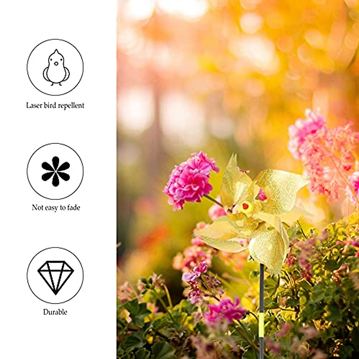 Happyyami 3Pcs Octagonal Bird Windmill Golden Windmill Creative Spinner Bird- Proof Windmill Orchard Balcony Garden Decoration