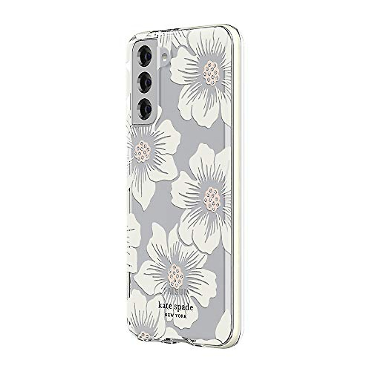 kate spade new york Defensive Hardshell Case Compatible with Samsung Galaxy S21+ 5G - Hollyhock Floral Clear/Cream with Stones/Cream Bumper