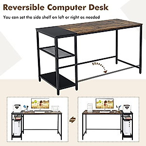 COSTWAY Industrial Home Office Desk, 55” Reversible Computer Desk w/Splice Tabletop & 2-Tier Storage Rack, Study Writing Desk w/Heavy-Duty Steel Frame & Adjustable Mesh Shelf, Black + Rustic Brown
